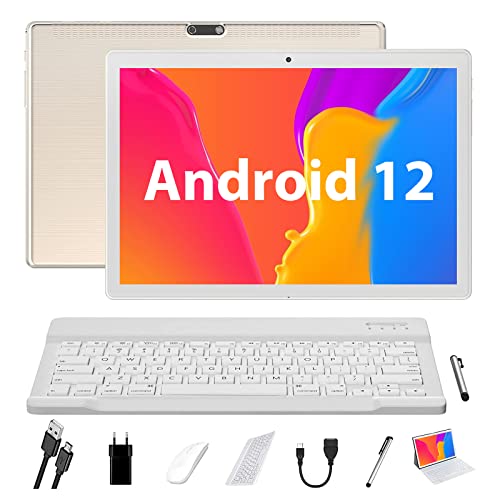 LNMBBS Android Tablet 10 Inch, 4GB RAM 64GB Storage, Android 12.0, Octa-Core Processor, Tablet with Keyboard, Large Battery, Dual Camera, Wi-Fi, Bluetooth, GPS, Mouse,Tablet Cover, Tablet,Gold