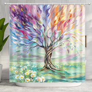 oil painting tree shower curtain, colored seasons tree shower curtain for bathroom with 12 hooks, polyester fabric washable shower curtains sets decorative waterproof bath curtain