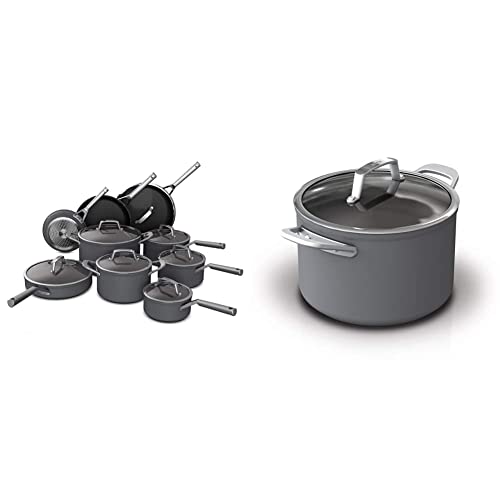 Ninja C39900 Foodi 16-Piece Cookware Set NeverStick Premium Hard-Anodized Slate Grey & Foodi NeverStick Premium Hard-Anodized 6.5-Quart Stock Pot with Glass Lid, slate grey, C30465