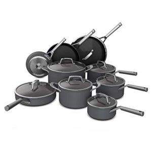 Ninja C39900 Foodi 16-Piece Cookware Set NeverStick Premium Hard-Anodized Slate Grey & Foodi NeverStick Premium Hard-Anodized 6.5-Quart Stock Pot with Glass Lid, slate grey, C30465