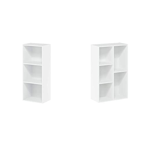 Furinno 3-Tier Open Shelf Bookcase, White & 5-Cube Open Shelf, White