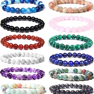 WAINIS 12PCS 8mm Semi-precious Beaded Bracelets for Men Women Healing Stretch Round Bead Crystal Gemstones Bracelets Unisex