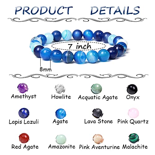 WAINIS 12PCS 8mm Semi-precious Beaded Bracelets for Men Women Healing Stretch Round Bead Crystal Gemstones Bracelets Unisex