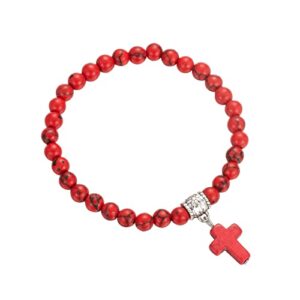 softones 6mm bead cross pendant bracelet for women healing stone stretch prayer bracelet for boy girls,with gift box, red turquoise, 7 5 inch