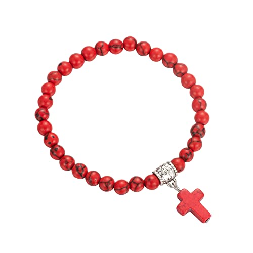 Softones 6mm Bead Cross Pendant Bracelet for Women Healing Stone Stretch Prayer Bracelet for Boy Girls,with Gift Box, Red Turquoise, 7 5 inch