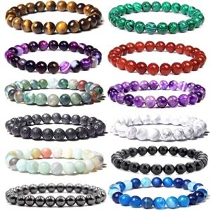 svovin 12 pcs 8mm gemstones beaded bracelets for men women stone bead healing stretch round bead crystal semi-precious bracelets unisex