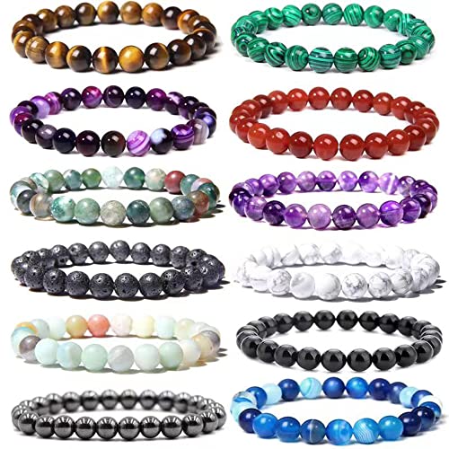 Svovin 12 Pcs 8mm Gemstones Beaded Bracelets for Men Women Stone Bead Healing Stretch Round Bead Crystal Semi-Precious Bracelets Unisex