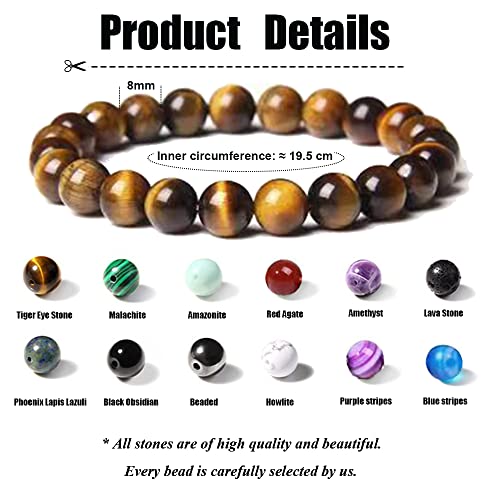 Svovin 12 Pcs 8mm Gemstones Beaded Bracelets for Men Women Stone Bead Healing Stretch Round Bead Crystal Semi-Precious Bracelets Unisex