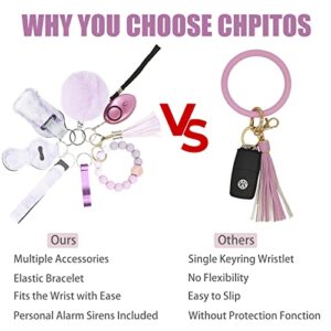 CHPITOS Safety Keychain Full Set for Women, 9PCS Portable Wristlet Key Chain with Personal Alarm for Kids Silicone Car Key Ring Bracelet Keychain