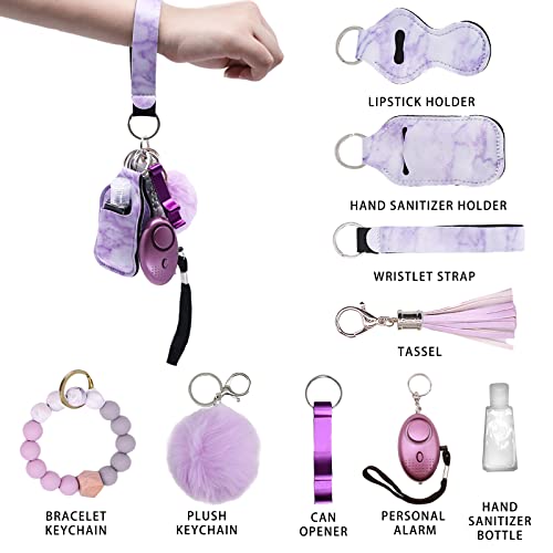 CHPITOS Safety Keychain Full Set for Women, 9PCS Portable Wristlet Key Chain with Personal Alarm for Kids Silicone Car Key Ring Bracelet Keychain