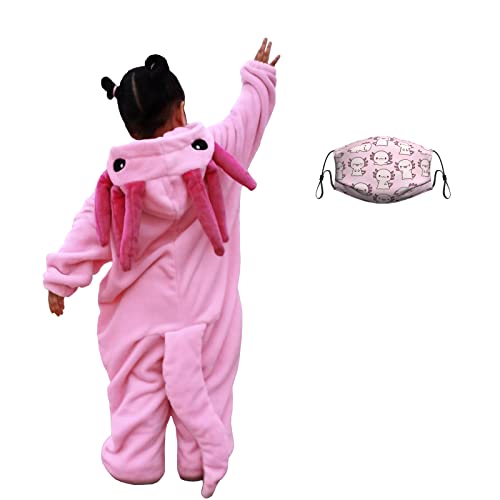 ALOVEUZ Funny Cute Axolotl Unisex Kids Animal One-Piece Cosplay Plush Onesie Costume With Axolotl Mask Pink