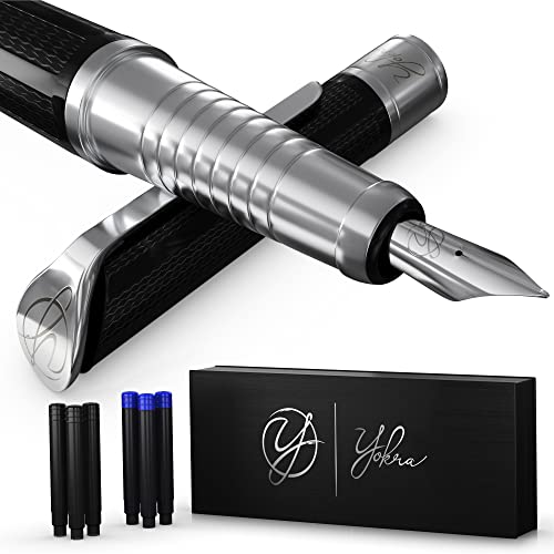 Yokra Fountain Pen Set with Ink and Converter (No Instructions Included)- Caligraphy Pens for Writing, Medium Nib, 6 Ink Cartridges (3 Black ink,3 Blue ink), Best Pens for Smooth Writing Journaling