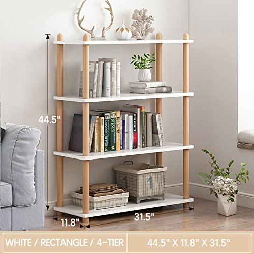 IOTXY 4-Tier Wooden Shelf Bookcase - Modern Open Bookshelf, Free Standing Storage Rack, Multifunctional Display Stand for Home and Office, White, Rectangle