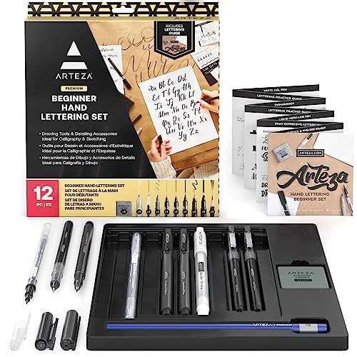 ARTEZA Hand Lettering Pens, 12-Piece Calligraphy Set for Beginners, 5 Micro-Line Pens, 2 TwiMarkers, Gel Pen, Bullet Marker, Pencil, & Eraser, Art Supplies with a Guidebook