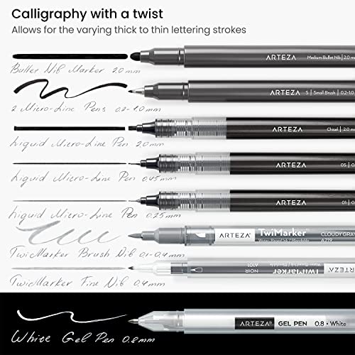 ARTEZA Hand Lettering Pens, 12-Piece Calligraphy Set for Beginners, 5 Micro-Line Pens, 2 TwiMarkers, Gel Pen, Bullet Marker, Pencil, & Eraser, Art Supplies with a Guidebook