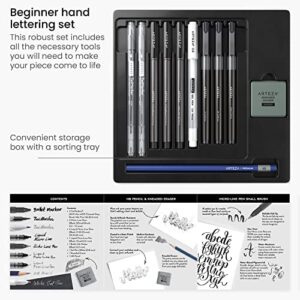 ARTEZA Hand Lettering Pens, 12-Piece Calligraphy Set for Beginners, 5 Micro-Line Pens, 2 TwiMarkers, Gel Pen, Bullet Marker, Pencil, & Eraser, Art Supplies with a Guidebook