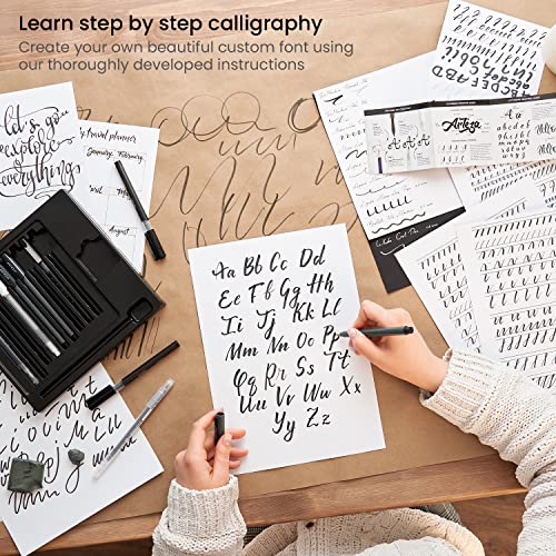 ARTEZA Hand Lettering Pens, 12-Piece Calligraphy Set for Beginners, 5 Micro-Line Pens, 2 TwiMarkers, Gel Pen, Bullet Marker, Pencil, & Eraser, Art Supplies with a Guidebook