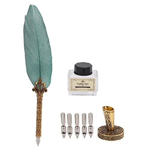 Zerodis Feather Pen Set,Vintage Calligraphy Dip Pen Feather Pen Refined Plated Rod Quill Ballpoint Pen for Kids (SP172043 Pearlescent Dark Green)