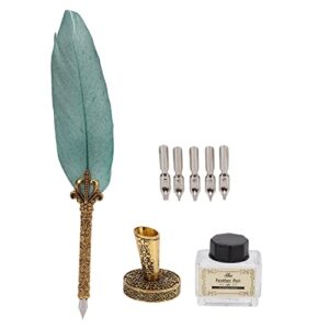 Zerodis Feather Pen Set,Vintage Calligraphy Dip Pen Feather Pen Refined Plated Rod Quill Ballpoint Pen for Kids (SP172043 Pearlescent Dark Green)