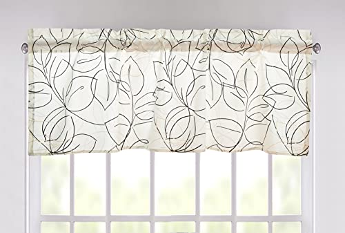 Tache Modern Abstract Floral Leaf Minimalist Line Art White Black Grey Gold Sheer Window Valance, 18x52