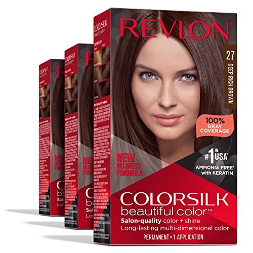 Revlon Permanent Hair Color, Permanent Brown Hair Dye, Colorsilk with 100% Gray Coverage, Ammonia-Free, Keratin and Amino Acids, Brown Shades (Pack of 3)