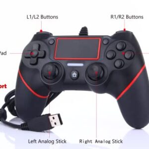 Wintek Inone PS-4 Wired Controller for PS-4/Pro/Slim/PC/Laptop, USB Plug Gamepad Joystick with Dual Vibration and Anti-Slip Grip, Professional USB PS-4 Wired Gamepad（Black & Red）