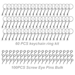 Key Chain Rings Bulk, FANMAOUS 60Pcs Split Key Ring 1 Inch/25mm Silver Key Chain Kit with Jump Rings Lobster Clasp and 100Pcs Screw Eye Pins Bulk for Crafts Jewerly Making