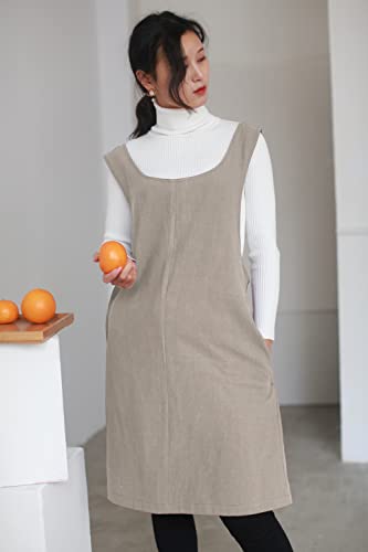 AOBBYBBS Cotton Linen Apron Halter CrossBack Bandage Aprons Japanese Style X Shape Pocket (Khaki)