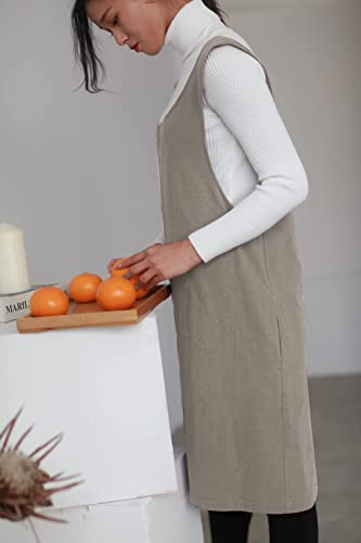 AOBBYBBS Cotton Linen Apron Halter CrossBack Bandage Aprons Japanese Style X Shape Pocket (Khaki)