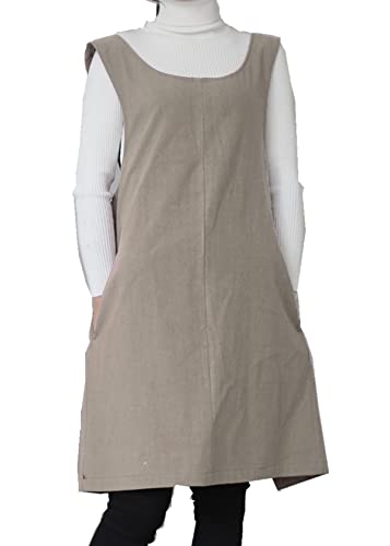 AOBBYBBS Cotton Linen Apron Halter CrossBack Bandage Aprons Japanese Style X Shape Pocket (Khaki)