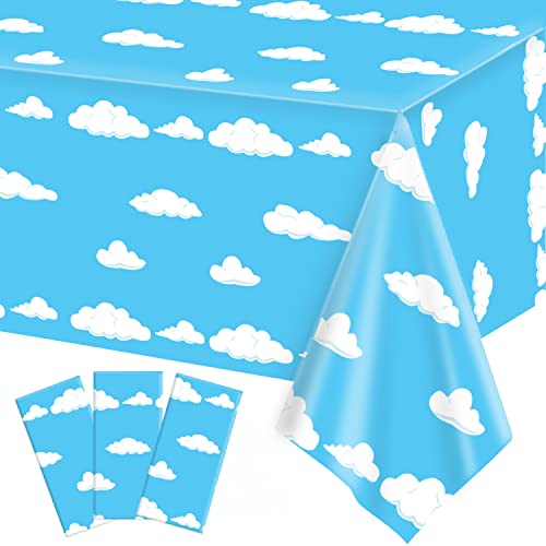 3 Pack Blue Sky White Clouds Party Tablecloth Cartoon Story Birthday Party Supplies 54 x 108 Inch for Boy Girl Kids Baby Shower Birthday Party Supplies