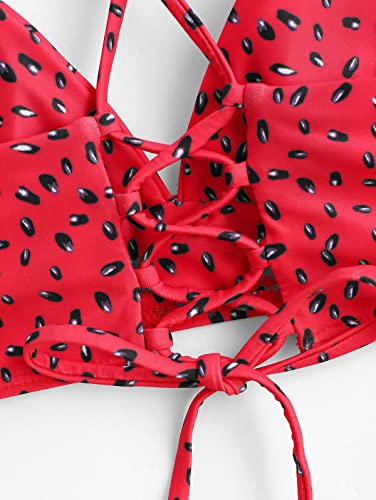 ZAFUL Women's Sexy Triangle Bikini Set Watermelon Print Spaghetti Strap 2 Piece Swimsuit Crisscross Low Cut Bathing Suit Red M