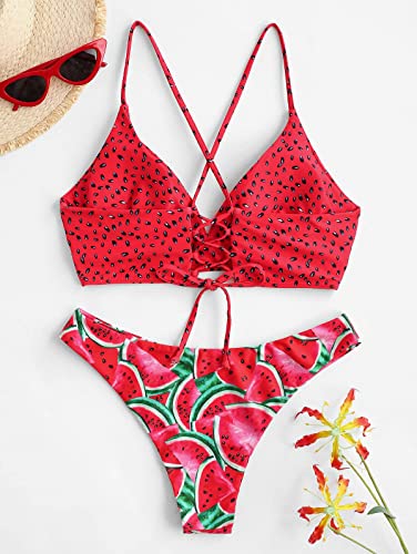 ZAFUL Women's Sexy Triangle Bikini Set Watermelon Print Spaghetti Strap 2 Piece Swimsuit Crisscross Low Cut Bathing Suit Red M