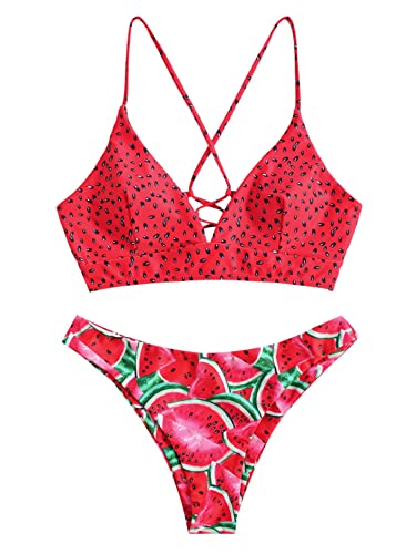 ZAFUL Women's Sexy Triangle Bikini Set Watermelon Print Spaghetti Strap 2 Piece Swimsuit Crisscross Low Cut Bathing Suit Red M