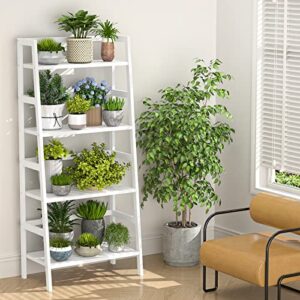 Homykic Ladder White Bookshelf, 4-Tier Bamboo Ladder Shelf 49.2” Book Shelf Bookcase Floor Freestanding Bathroom Storage Rack Plant Stand for Small Space, Bedroom, Living Room, Easy to Assemble