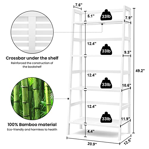 Homykic Ladder White Bookshelf, 4-Tier Bamboo Ladder Shelf 49.2” Book Shelf Bookcase Floor Freestanding Bathroom Storage Rack Plant Stand for Small Space, Bedroom, Living Room, Easy to Assemble