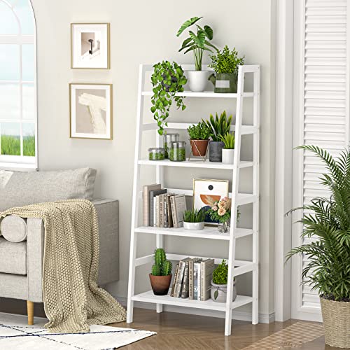 Homykic Ladder White Bookshelf, 4-Tier Bamboo Ladder Shelf 49.2” Book Shelf Bookcase Floor Freestanding Bathroom Storage Rack Plant Stand for Small Space, Bedroom, Living Room, Easy to Assemble