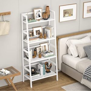 Homykic Ladder White Bookshelf, 4-Tier Bamboo Ladder Shelf 49.2” Book Shelf Bookcase Floor Freestanding Bathroom Storage Rack Plant Stand for Small Space, Bedroom, Living Room, Easy to Assemble