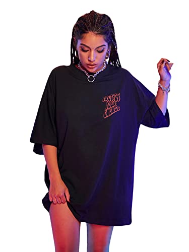 SweatyRocks Women's Short Sleeve Round Neck Tee Graphic Oversized T-Shirt Black L