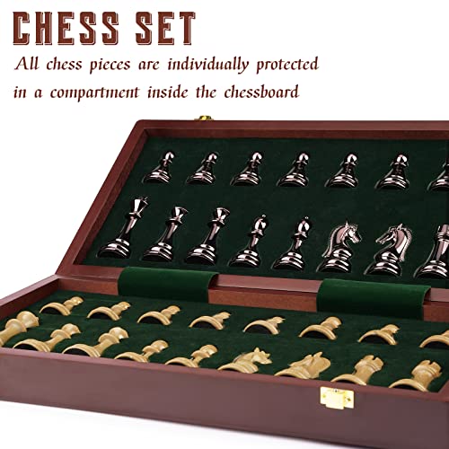 15" Acrylic+Metal Chess Sets for Adults Kids with Zinc Alloy + Acrylic Chess Pieces & Portable Folding Wooden Chess Board Travel Chess Sets Board Game – Metal Staunton Chess Pieces with Storage Box