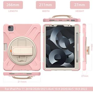 ORIbox Corsair Case for iPad Air (5th/4th) Case and iPad Pro 11-in.(4th/3th/2rd/1st) Case, Heavy Duty Rugged Protective, 3 in 1 Shockproof Bumper with 360° Kickstand/Hand Strap, Corsair Pink