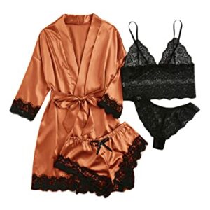 WDIRARA Women' Silk Satin Pajamas Set 4pcs Lingerie Floral Lace Cami Sleepwear with Robe Pure Orange M