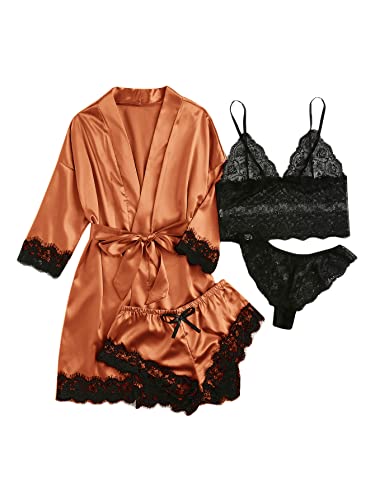 WDIRARA Women' Silk Satin Pajamas Set 4pcs Lingerie Floral Lace Cami Sleepwear with Robe Pure Orange M