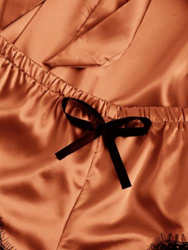 WDIRARA Women' Silk Satin Pajamas Set 4pcs Lingerie Floral Lace Cami Sleepwear with Robe Pure Orange M