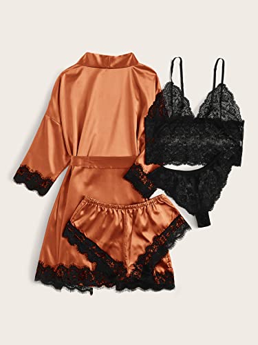 WDIRARA Women' Silk Satin Pajamas Set 4pcs Lingerie Floral Lace Cami Sleepwear with Robe Pure Orange M