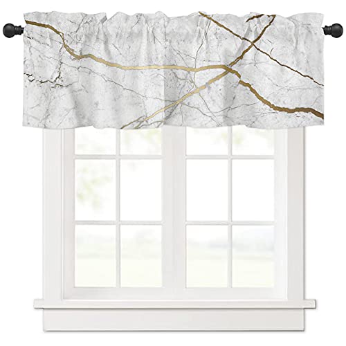 Marble Golden Valances for Windows White Gold Abstract Marbling Theme Ink Art Painting Rod Pocket Short Window Valance Curtains Home Decor Window Treatment for Kitchen Living Room Bedroom 54x18in