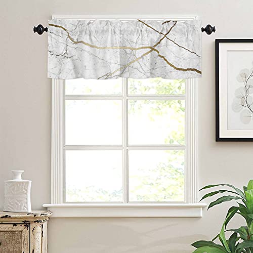 Marble Golden Valances for Windows White Gold Abstract Marbling Theme Ink Art Painting Rod Pocket Short Window Valance Curtains Home Decor Window Treatment for Kitchen Living Room Bedroom 54x18in