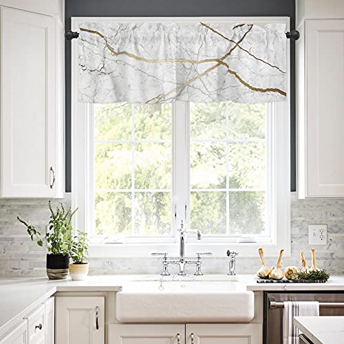 Marble Golden Valances for Windows White Gold Abstract Marbling Theme Ink Art Painting Rod Pocket Short Window Valance Curtains Home Decor Window Treatment for Kitchen Living Room Bedroom 54x18in