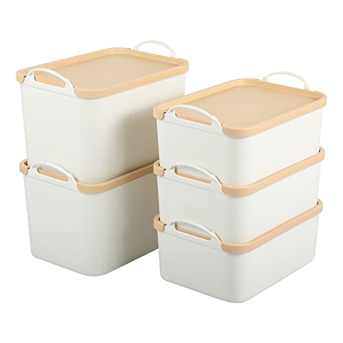 ANMINY Lidded Plastic Storage Bins Set White Desk Basket Box Cube Drawer Organizer Kitchen Food Container with Handles Removable Lids for Cosmetic Makeup Bathroom Countertop Dresser - 2 Medium 3 Small