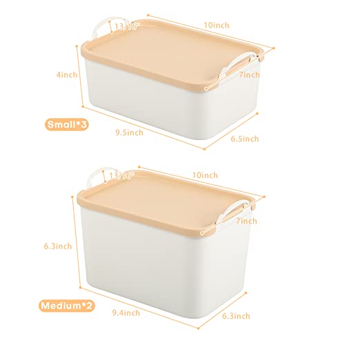 ANMINY Lidded Plastic Storage Bins Set White Desk Basket Box Cube Drawer Organizer Kitchen Food Container with Handles Removable Lids for Cosmetic Makeup Bathroom Countertop Dresser - 2 Medium 3 Small